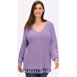 V-Ausschnitt-Pullover sheego "Pullover", Damen, Gr. 48/50, lavendel, meliert, 50% Baumwolle, 50% Polyacryl, gemustert, mehrfarbig, Pullover