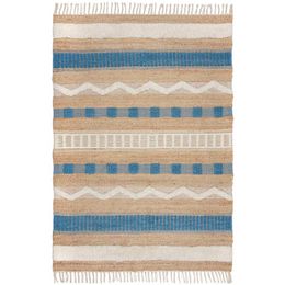 FLAIR RUGS Teppich »Medina, mit abstraktem Streifenmuster« rechteckig 12 mm Höhe Boho-Look, aus Naturfasern wie Wolle & Jute blau Obermaterial: 60%...