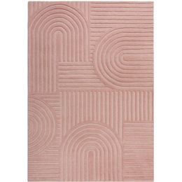 FLAIR RUGS Wollteppich &raquo;Zen Garden, modern & mit Linien&laquo; 10 mm H&ouml;he 100% Wolle, Hoch-Tief-Effekt, auch als L&auml;ufer und in Rund erh&auml;ltlich rosa Wolle