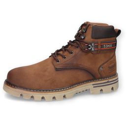 Dockers by Gerli Schnürboots, Workerboots, Stiefel mit bequemem Schaftabschluss aus Textil braun 44 44 Robuster Schnürboots mit auffälligem Zierriemen