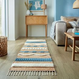 FLAIR RUGS Läufer »Medina, mit abstraktem Streifenmuster« rechteckig 12 mm Höhe Boho-Look, aus Naturfasern wie Wolle & Jute, Teppichläufer blau...