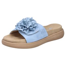 Rieker Pantolette Sommerschuh, Hausschuh, Strandschuh mit bequemem Fußbett hellblau 43 43 Pantolette mit hübscher Blüte aus Textil