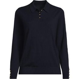 LANDS' END Polopullover mit goldfarbenen Kn&ouml;pfen, Damen,  Blau, Polyester/Viskose/Polyester-Mischung, by Lands' End