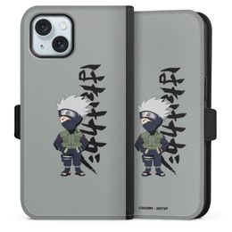 DeinDesign iPhone 15 Handy Klapph&uuml;lle Handyh&uuml;lle aus Kunst Leder schwarz Flip Case Official Licensed Product Naruto Shippuden Kakashi Sideflip mit Lasche