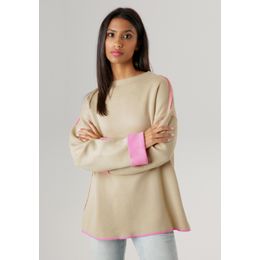 Strickpullover Aniston SELECTED, Damen, Gr. 36, beige (beige, rosa), Feinstrick, Obermaterial: 100% Polyacryl, unifarben mit Farbeins&auml;tzen, oversize h&uuml;ftbedeckend, U-Boot-Ausschnitt, Umschlagsaum kontrastfarben, Pullover Strickpullover, mit rosafarbenen Zierkanten, Topseller
