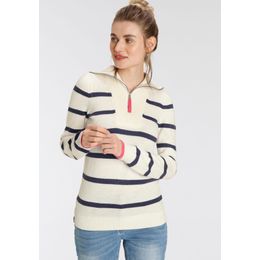 Troyer Kangaroos, Damen, Gr. 44-46 (L), blau (wollweiß, blau), Strick, Obermaterial: 60% Baumwolle, 40% Polyacryl, gestreift, kontrastfarbene Details, Casual, figurbetont hüftbedeckend, Rippstrickbündchen, Pullover, mit Reißverschluss im klassischen Streifen-Design