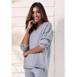 Sweater ELBSAND, Damen, Gr. 48/50, blau (rauchblau meliert), Feinstrick, Obermaterial: 50% Viskose, 28% Polyester, 22% Polyamid, meliert, unifarben, bequem h&uuml;ftlang, V-Ausschnitt, Sweatshirts Sweater, aus hochwertigen Strick