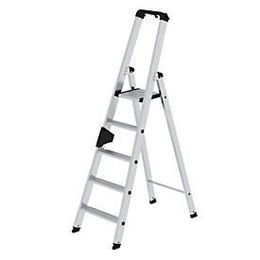 Munk Stufen-Stehleiter, Aluminium, einseitig begehbar, geriffelte Stufen, bis 150 kg, nivello® Leiterschuhe, 5 Stufen
