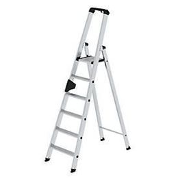 Munk Stufen-Stehleiter, Aluminium, einseitig begehbar, geriffelte Stufen, bis 150 kg, nivello® Leiterschuhe, 6 Stufen