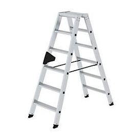 Munk Stufen-Stehleiter, 2 x 6 Stufen, Aluminium, Rechteckrohr-Holme, 80 mm geriffelte Stufen, 150 kg belastbar, nivello® Leiterschuhe, ergo-pad® Griffzone