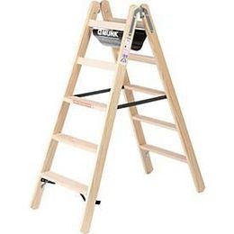 Munk® Holz-Stufen-Stehleiter, Nadelschnittholz/Buche, 80 mm geriffelt, Hufeisenscharniere, 150 kg, Eimerhaken, Textilgurt-Spreizsicherung, 2x5 Stufen