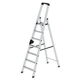 Munk Stufen-Stehleiter, Aluminium, einseitig begehbar, geriffelte Stufen, bis 150 kg, nivello® Leiterschuhe, 7 Stufen