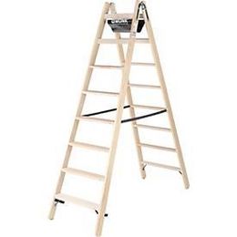 Munk® Holz-Stufen-Stehleiter, Nadelschnittholz/Buche, 80 mm geriffelt, Hufeisenscharniere, 150 kg, Eimerhaken, Textilgurt-Spreizsicherung, 2x8 Stufen