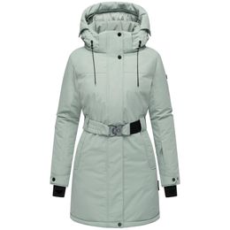Wintermantel Navahoo "Frostkuss 14", Damen, Gr. M (38), rauchmint, Obermaterial: 100% Polyester, Innenfutter: 100% Polyester, Wattierung: 100% Polyester, Ärmelfutter: 100% Polyester, figurumspielend ca. Mitte Oberschenkel, hoch geschlossener Ausschnitt, Ärmel ohne Ärmelschlitz Bündchen mit Daumenlöchern, Mäntel, Warmer Damen Mantel mit abnehmbarer Kapuze und Taillengürtel