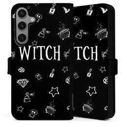 DeinDesign Galaxy S25+ Handy Klapphülle Handyhülle aus Kunst Leder schwarz Flip Case Halloween Witch Bat Sideflip mit Lasche