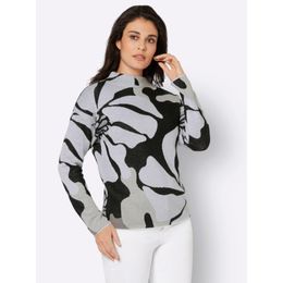 WITT Damen Jacquard-Pullover mit Glitzergarn, floral, schwarz-ecru-gemustert, Gr&ouml;&szlig;e 36