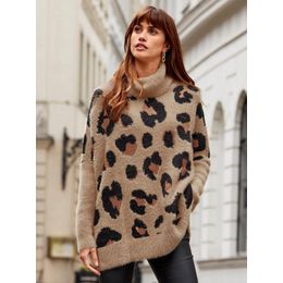 WITT Damen Oversize-Pullover mit Animal-Jacquardmuster, camel-schwarz-gemustert, Gr&ouml;&szlig;e 40