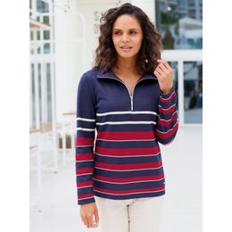 WITT Damen Sweatshirt mit Troyerkragen, geringelt, marine-kirsche-geringelt, Gr&ouml;&szlig;e 36