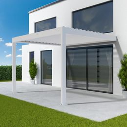 Anbaupergola, Terrassen&uuml;berdachung aus Aluminium, Wei&szlig;, mit Lamellendach, 2 Pfosten, Verkehrswei&szlig; RAL 9016, nach Ma&szlig;