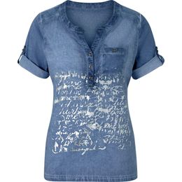 CR&Eacute;ATION L Damen Blusenshirt mit gl&auml;nzendem Druck, reine Baumwolle blau Gr&ouml;&szlig;e 38