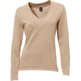 Heine Damen V-Ausschnitt-Pullover aus reiner Baumwolle beige Gr&ouml;&szlig;e 50