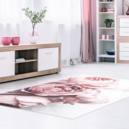 Vinylteppich - Rosa Pfingstrosenbl&uuml;ten Shabby Pastell - Landhaus rosa Blumen Vinylmatte Rose K&uuml;che Badezimmer Flur