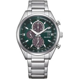 Citizen Chronograph Armbanduhr, Herrenuhr, Solar, Stoppfunktion, Edelstahlarmband silberfarben-dunkelgrün Stilvoller Chronograph für Herren