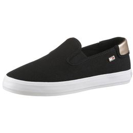 Tommy Hilfiger Slip-On Sneaker »VULC CANVAS SLIP-ON SNEAKER«, Plateau, Freizeitschuh, Halbschuh mit Kontrastbesatz, schmale Form schwarz-goldfarben...