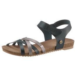 Mustang Shoes Riemchensandale, Sommerschuh, Sandalette, Klettschuh, mit Klettverschluss-Riemchen dunkelblau-bronzefarben 38 38 Klassische Sandale...