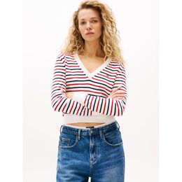 Tommy Jeans V-Ausschnitt-Pullover »TJW ESSENTIAL VNECK SWEATER EXT« mit Logostickerei White / Red / Navy Stripe L (40) L (40) Pullover von Tommy Jeans