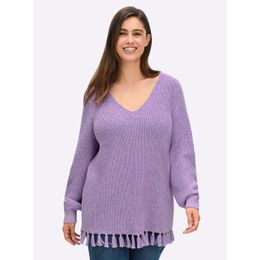 sheego Gro&szlig;e Gr&ouml;&szlig;en V-Ausschnitt-Pullover mit Fransensaum, lavendel-meliert, Gr&ouml;&szlig;e 40/42 - Damen