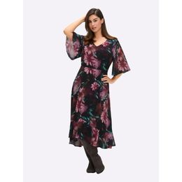 sheego Damen Chiffonkleid mit Flügelärmeln und Volants, schwarz-bedruckt, Größe 42