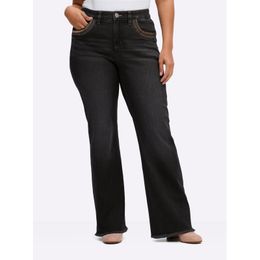 sheego Damen Bootcut-Jeans mit Fransensaum, black denim, Gr&ouml;&szlig;e 46