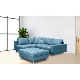Ecksofa Collection AB "Cannes L-Form", blau (petrol), B:215cm T:184cm, 100% Polyester, Sofas, Ecksofa, mit Hocker, inkl. Schlaffunktion