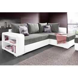 Ecksofa Collection AB "John L-Form", grau (wei&szlig;, grau), B:226cm H:85cm T:160cm, Zierkissen: 100% Polyester;Struktur (100% Polyester);Kunstleder SOFTLUX / Struktur (80% Polyester; 20% Polyacryl);Microfaser PRIMABELLE (100% Polyester) / Struktur (100% Polyester), Sofas, Ecksofa, mit Bettfunktion, Bettkasten und integriertem Regal, Topseller