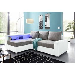 Ecksofa Collection AB "Relax L-Form", grau (wei&szlig;, grau), B:223cm H:84cm T:91cm, Zierkissen: 100%Polyester;Struktur (100% Polyester);Microfaser PRIMABELLE (100% Polyester);Kunstleder SOFTLUX / Struktur (80% Polyester, 20% Acryl);Microfaser PRIMABELLE (100% Polyester) / Struktur (80% Polyester, 20% Acryl), Sofas, Ecksofa, inklusive Bettfunktion, Federkern, wahlweise mit RGB-LED-Beleuchtung