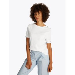 Rundhalsshirt Tommy Hilfiger "REG STRIPE GOLD BTN C-NK SS", Damen, Gr. S (36), beige (ecru), Single Jersey, Obermaterial: 100% Baumwolle, unifarben, regular fit, Rundhals, Shirts, mit goldfarbenem Knopf
