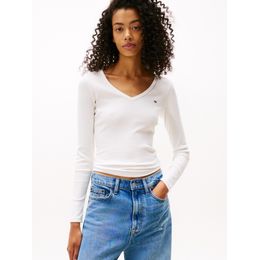 Langarmshirt Tommy Jeans "TJW SLIM ESSENTIAL RIB V LS", Damen, Gr. M (38), beige (ecru), Rippware, Obermaterial: 95% Baumwolle, 5% Elasthan, bestickt, unifarben, schmal h&uuml;ftlang, V-Ausschnitt, abgesteppt, Shirts Langarmshirt, mit Logostickerei