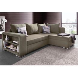 Ecksofa Collection AB "John L-Form", braun (macchiato), B:226cm H:85cm T:160cm, Zierkissen: 100% Polyester;Struktur (100% Polyester);Kunstleder SOFTLUX / Struktur (80% Polyester; 20% Polyacryl);Microfaser PRIMABELLE (100% Polyester) / Struktur (100% Polyester), Sofas, Ecksofa, mit Bettfunktion, Bettkasten und integriertem Regal, Topseller