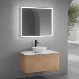 neoro n50 line Unterschrank B: 100 cm mit 1 Auszug, mit profilierter Eichenfront, Waschtisch &Oslash; 40 cm wei&szlig; matt, Konsole wei&szlig; matt, mit n60