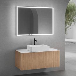 neoro n50 line Unterschrank B: 120 cm mit 1 Auszug, mit profilierter Eichenfront, Waschtisch B: 58 cm wei&szlig; matt, Konsole wei&szlig; matt,