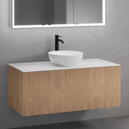 neoro n50 line Unterschrank B: 120 cm mit 1 Auszug, mit profilierter Eichenfront, Waschtisch &Oslash; 40 cm wei&szlig; matt, Konsole wei&szlig; matt,