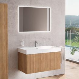 neoro n50 stripes Unterschrank B: 100 cm mit 1 Auszug, eiche profiliert, mit Spiegel, Waschtisch cube, BN0139WM+BN0483BPO+BN0004MI,
