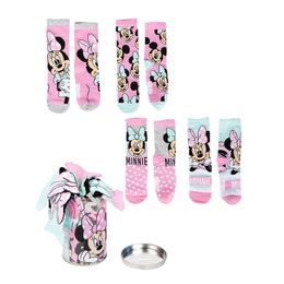 Cerda 4er - Pack Kindersocken Disney Minnie Mouse Geschenkset mit Spardose in Rosa | Gr.: 23-26
