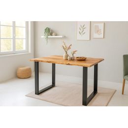 Esstisch Baumkante 120 x 80 cm massiv Akazie natur U-Gestell schwarz QUINN