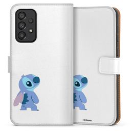 DeinDesign Galaxy A33 5G Handy Klapph&uuml;lle Handyh&uuml;lle aus Kunst Leder wei&szlig; Flip Case Merchandise Disney Lilo & Stitch Sideflip mit Lasche
