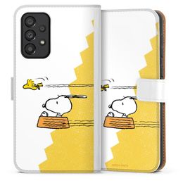 DeinDesign Galaxy A33 5G Handy Klapph&uuml;lle Handyh&uuml;lle aus Kunst Leder wei&szlig; Flip Case Children Peanuts Snoopy Sideflip mit Lasche