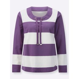WITT Damen Sweatshirt mit Rundhals und Tunnelzug, lila-ecru-geringelt, Gr&ouml;&szlig;e 40