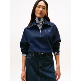 Sweatshirt Tommy Hilfiger "CLASSIC SCRIPT FLEECE HALF-ZIP", Damen, Gr. L (40), blau (schwarz night navy), Sweatware, Obermaterial: 77% Baumwolle, 23% Polyester, unifarben, normal, hoch geschlossener Ausschnitt, Sweatshirts Sweatshirt