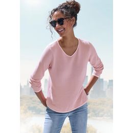V-Ausschnitt-Pullover Vivance, Damen, Gr. 40/42, mauve, ros&eacute;, Feinstrick, Obermaterial: 55% Baumwolle, 45% Viskose, unifarben mit Farbeinsatz, figurumspielend h&uuml;ftlang, V-Ausschnitt, kontrastfarben, Pullover, mit Kontrastkanten, casual